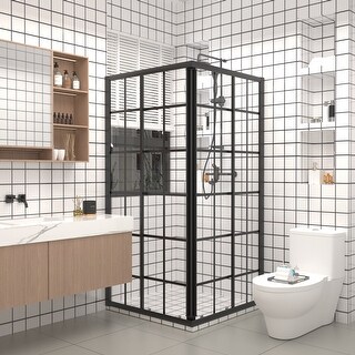SL4U Black Silk Screen Grid Pattern Sliding Corner Shower Door, 36''W x 36''D x 72''H - 36" x36 ...